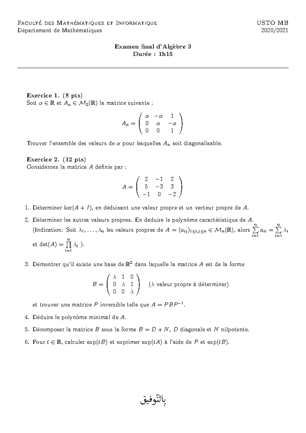 Examen 21 - yemakoum - Facult ́e des Math ́ematiques et Informatique USTO MB D ́epartement de ...