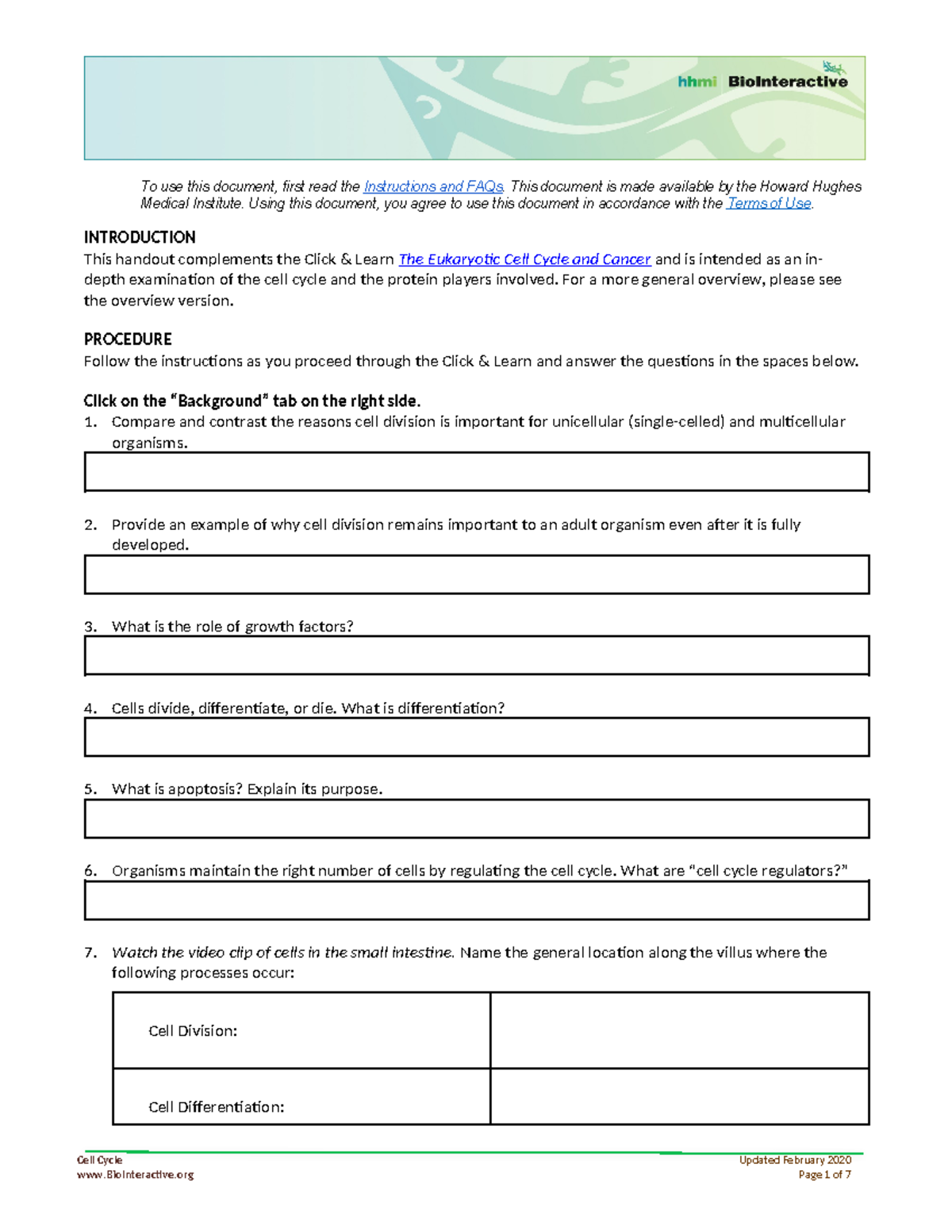 HHMI Cell cycle student ws - Click & Learn Student Worksheet The ...