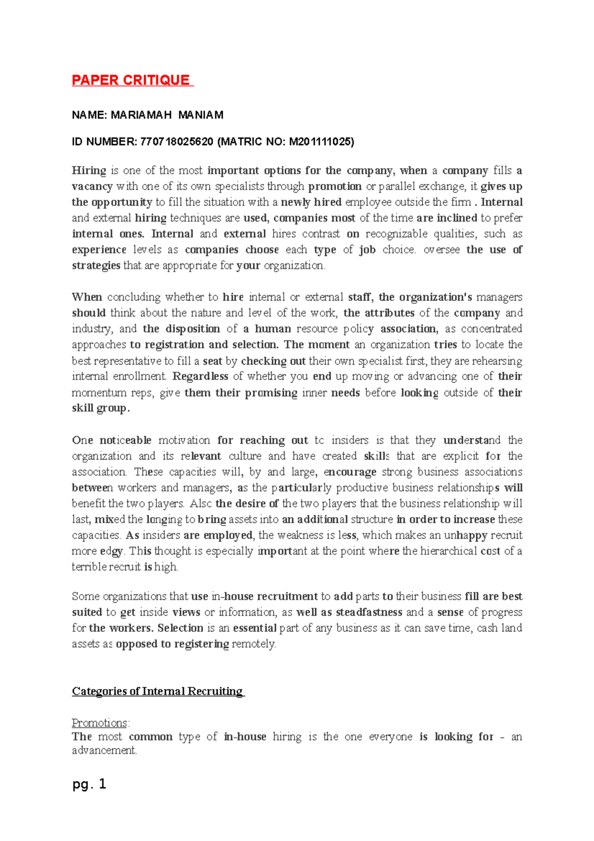 Paper Critic - SHRM1 - ASSIGNMENT - PAPER CRITIQUE NAME: MARIAMAH MANIAM ID NUMBER: 770718025620 ...