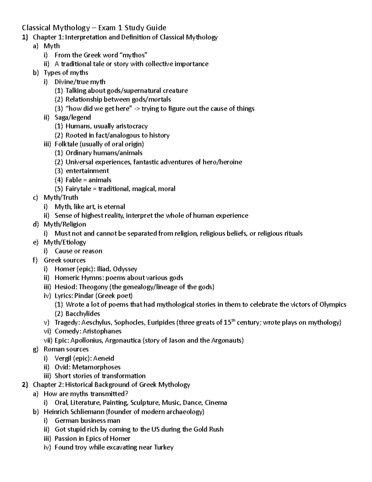 Classical Mythology – Exam 1 Study Guide - Classical Mythology – Exam 1 ...