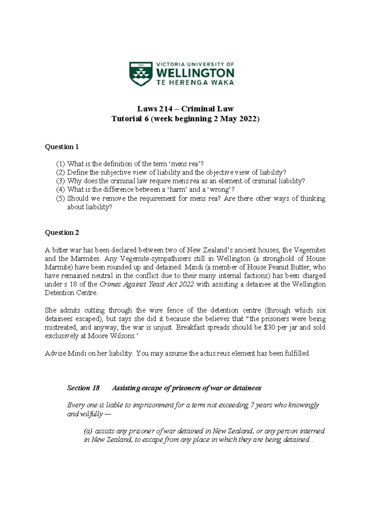 LAWS 214 Tutorial 6 2022 - Laws 214 – Criminal Law Tutorial 6 (week beginning 2 May 2022 ...