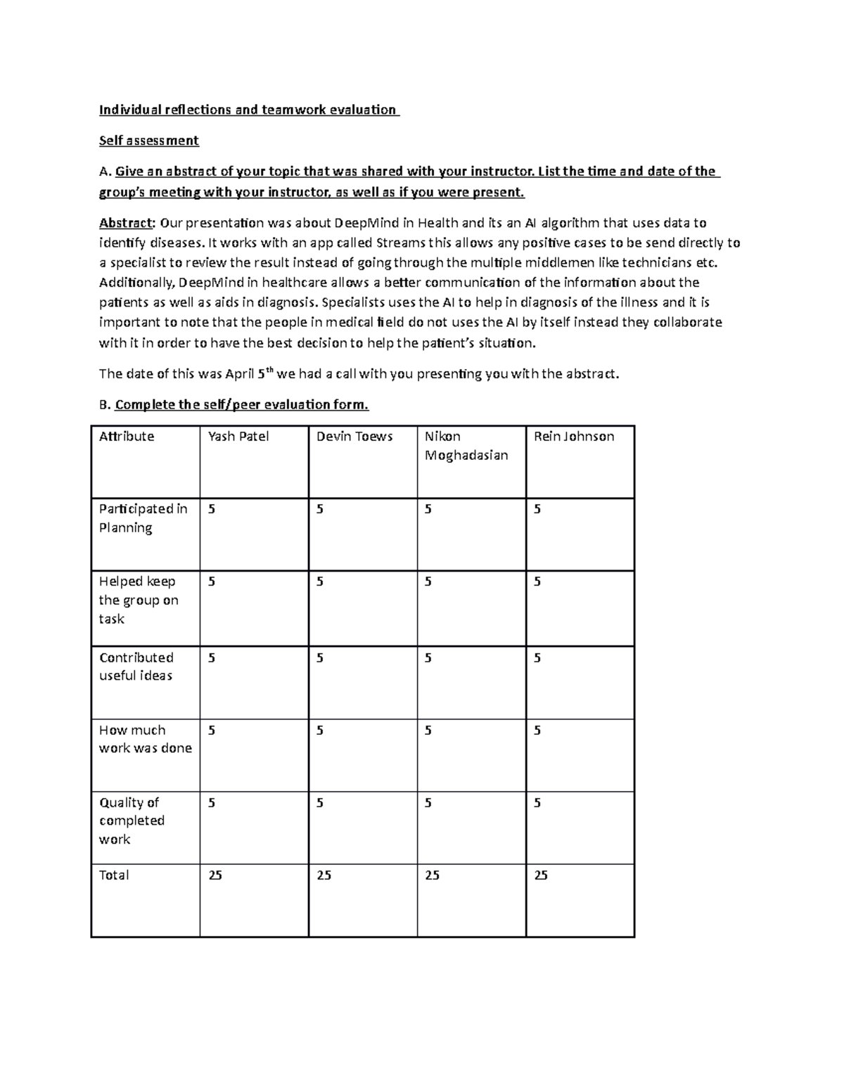 Individual reflections and teamwork evaluation - Give an abstract of ...