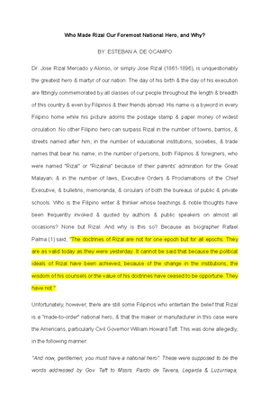 Rizal - Chapter 1: Lesson 1-5 - R 1425 (RIZAL LAW) Rizal’s heroism was sponsored by the nation ...