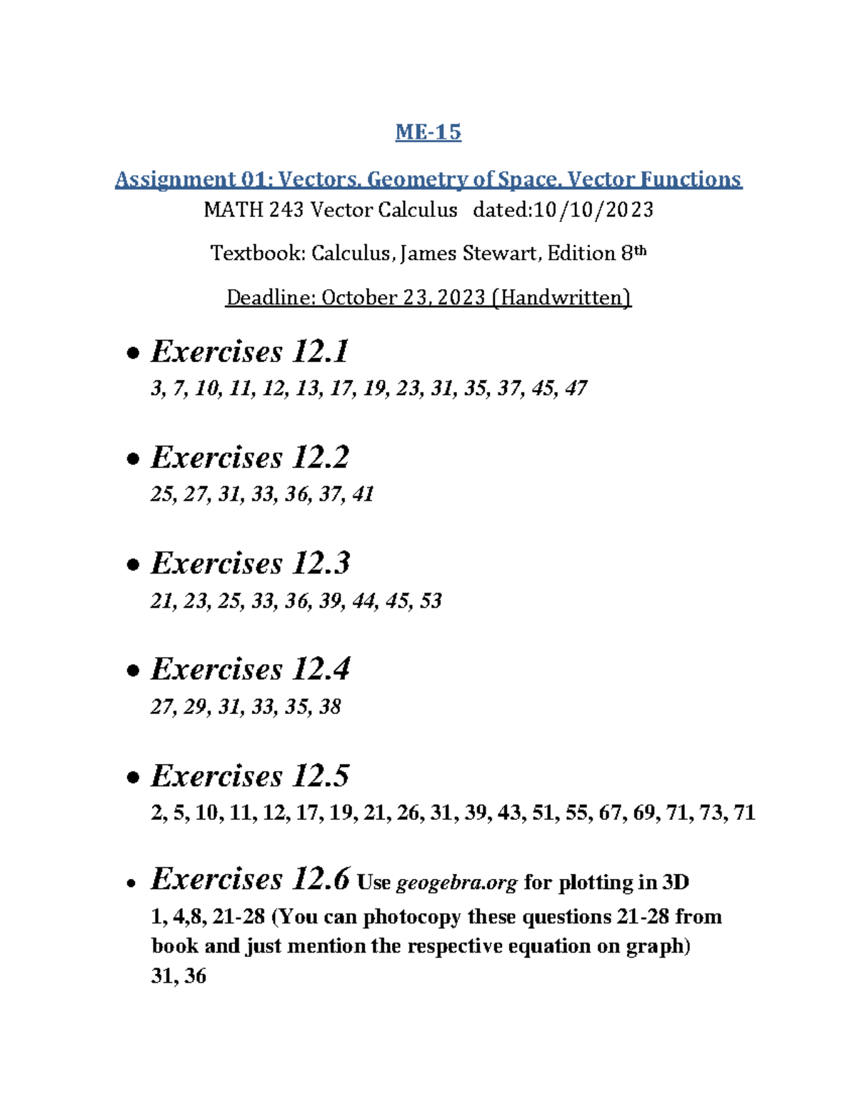 Math-243 Assignment 01 ME-15 - ME- 15 Assignment 01: Vectors, Geometry ...