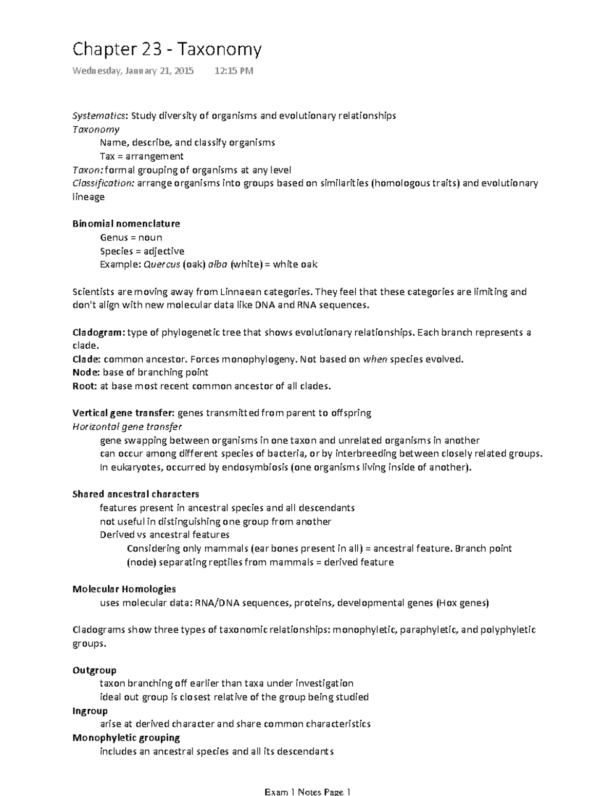 Chapter 23 - Taxonomy - Lecture notes 5 - Chapter 23 - Taxonomy ...