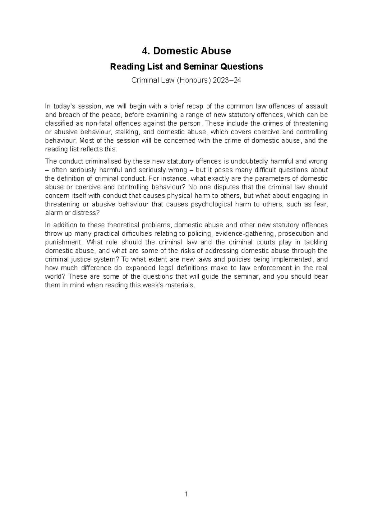 4. Domestic Abuse - Reading List and Seminar Questions - 4. Domestic ...
