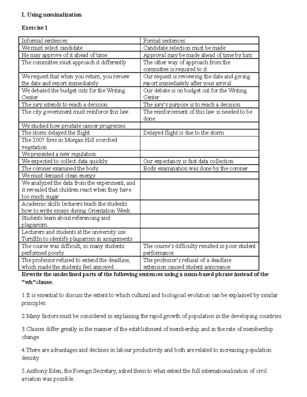 Baif writing - saddsda - I. Using nominalization Exercise 1 Informal ...