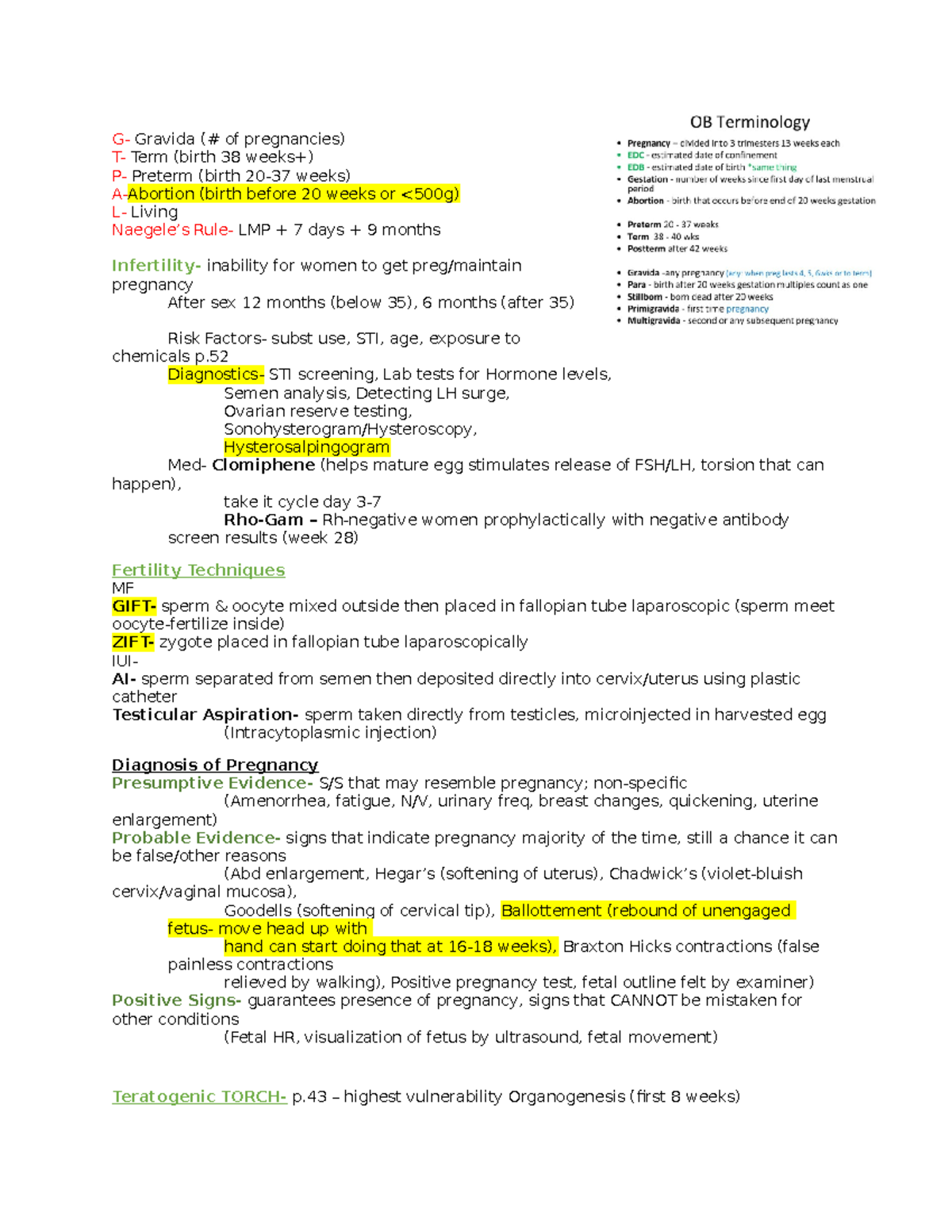 NURS306- OB Week 1 Study Guide - G- Gravida (# of pregnancies) T- Term ...