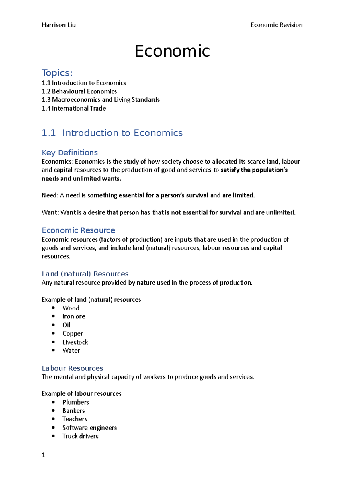 Economic Revision Booklet - Economic Topics: 1 Introduction to ...