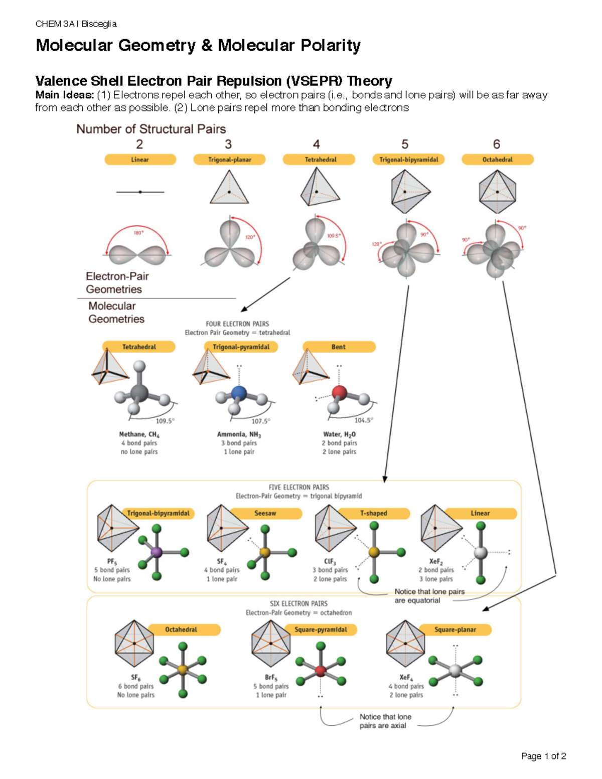 Vsepr Handout - VESPR theory helper sheet - CHEM 3A | Bisceglia ...