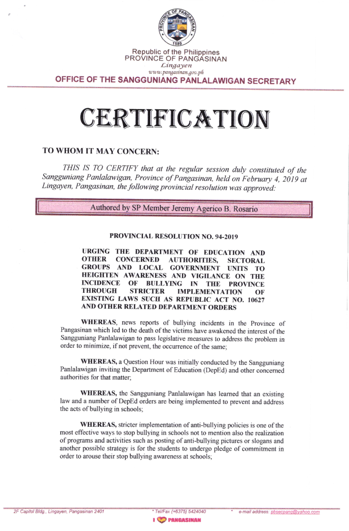 94-2019 - Weertfcxzafgbnj - Republic of the Philippines PROVINCE OF ...