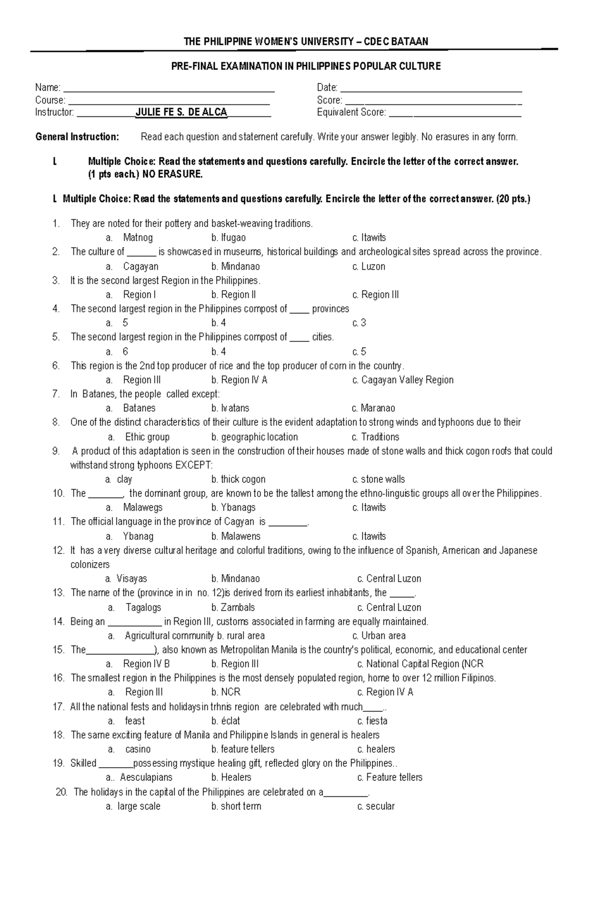 425 PRE Finals EXAM PHIL POP 95copies Julie KEY TO Correct - THE ...