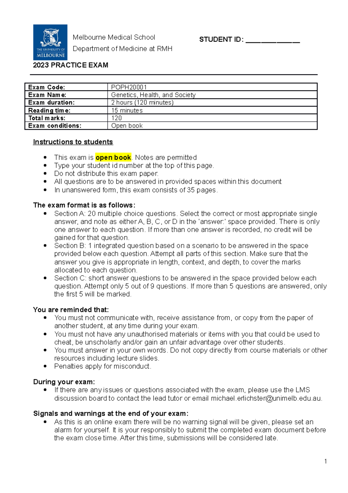 GHS Practice Exam 2023 - Melbourne Medical School Department of ...