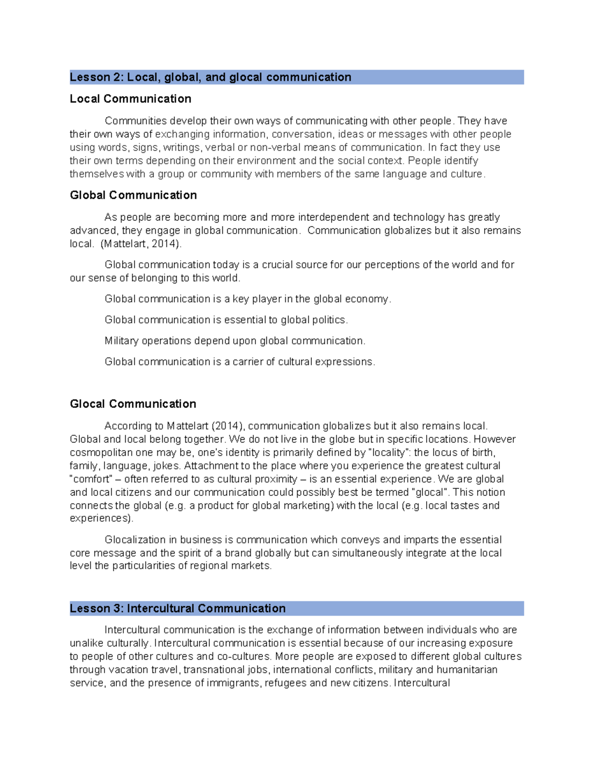 Unit II - Lessons 2 & 3 (Local, Global, Glocal, and Intercultural ...