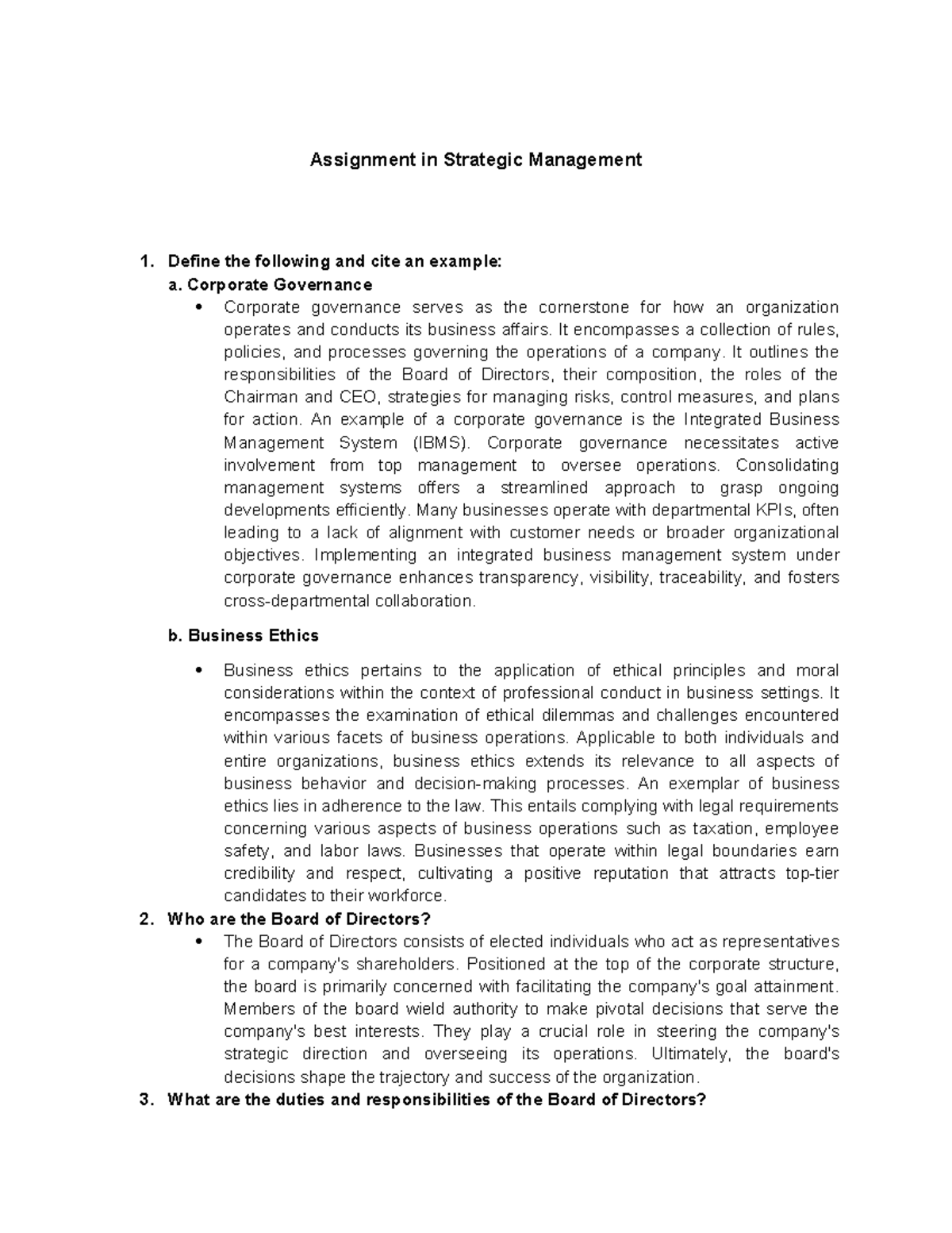 Eme - Assignment in Strategic Management Define the following and cite an example: a. Corporate ...