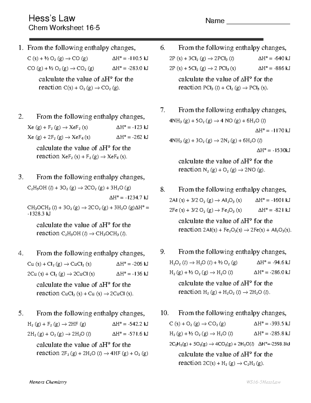 16-5Hess's Law - Lecture notes 2 - Honors Chemistry WS16-5HessLaw 1 ...