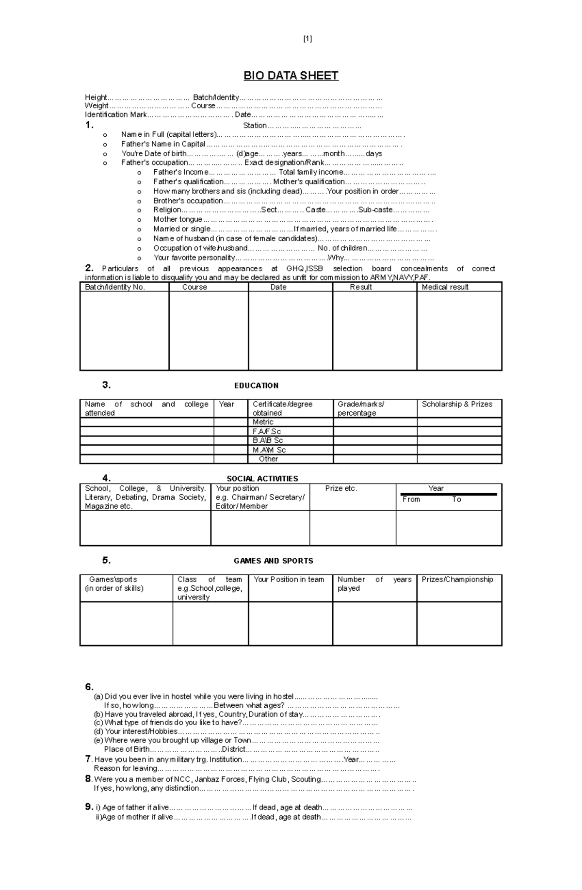 ISSB Data Form on arrival Day - [ 1 ] BIO DATA SHEET Height ...