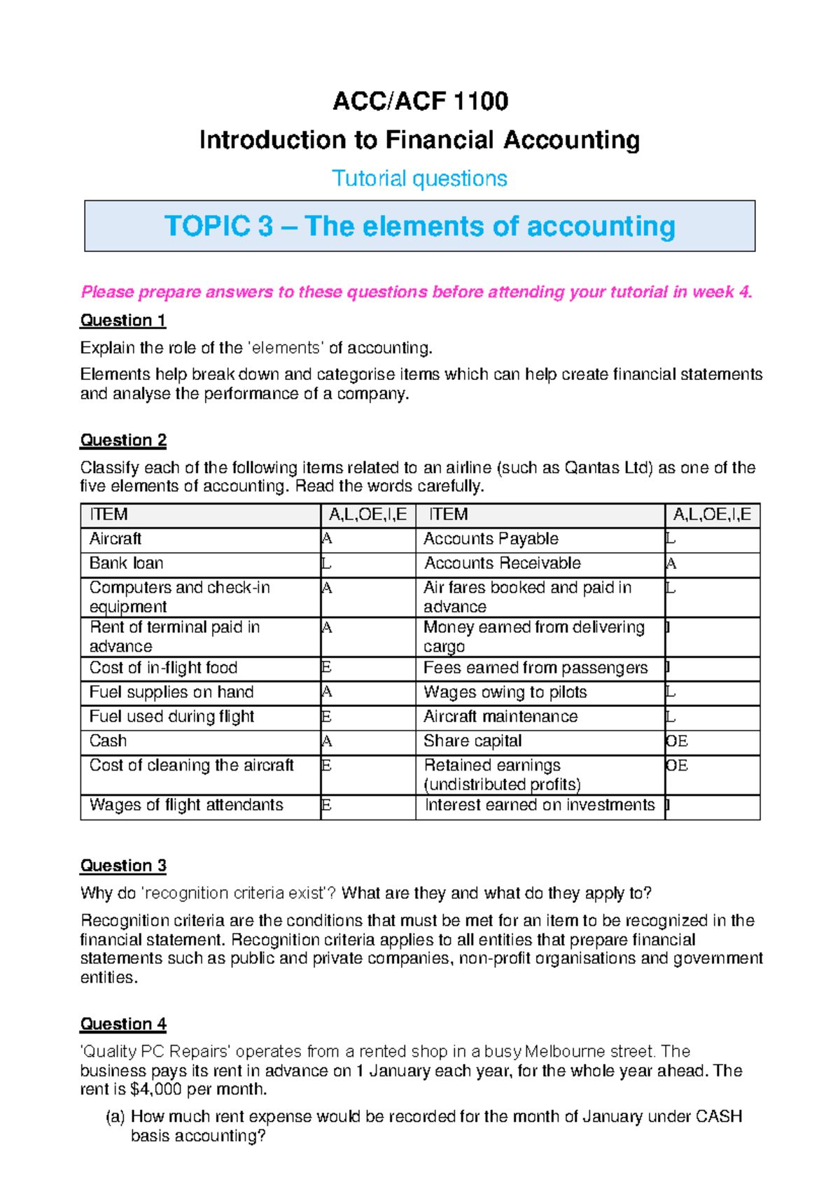 Topic 3 Tutorial Questions - ACC/ACF 1100 Introduction to Financial ...
