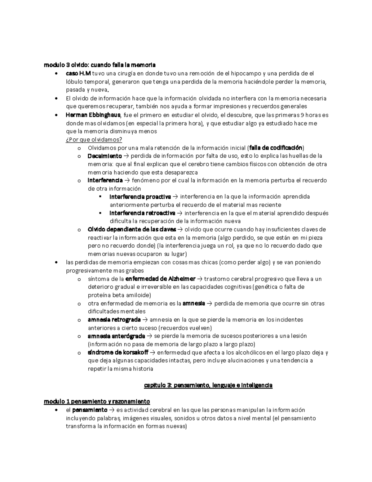 Resumen completo i2 psicologia - modulo 3 olvido: cuando falla la memoria caso H tuvo una ...