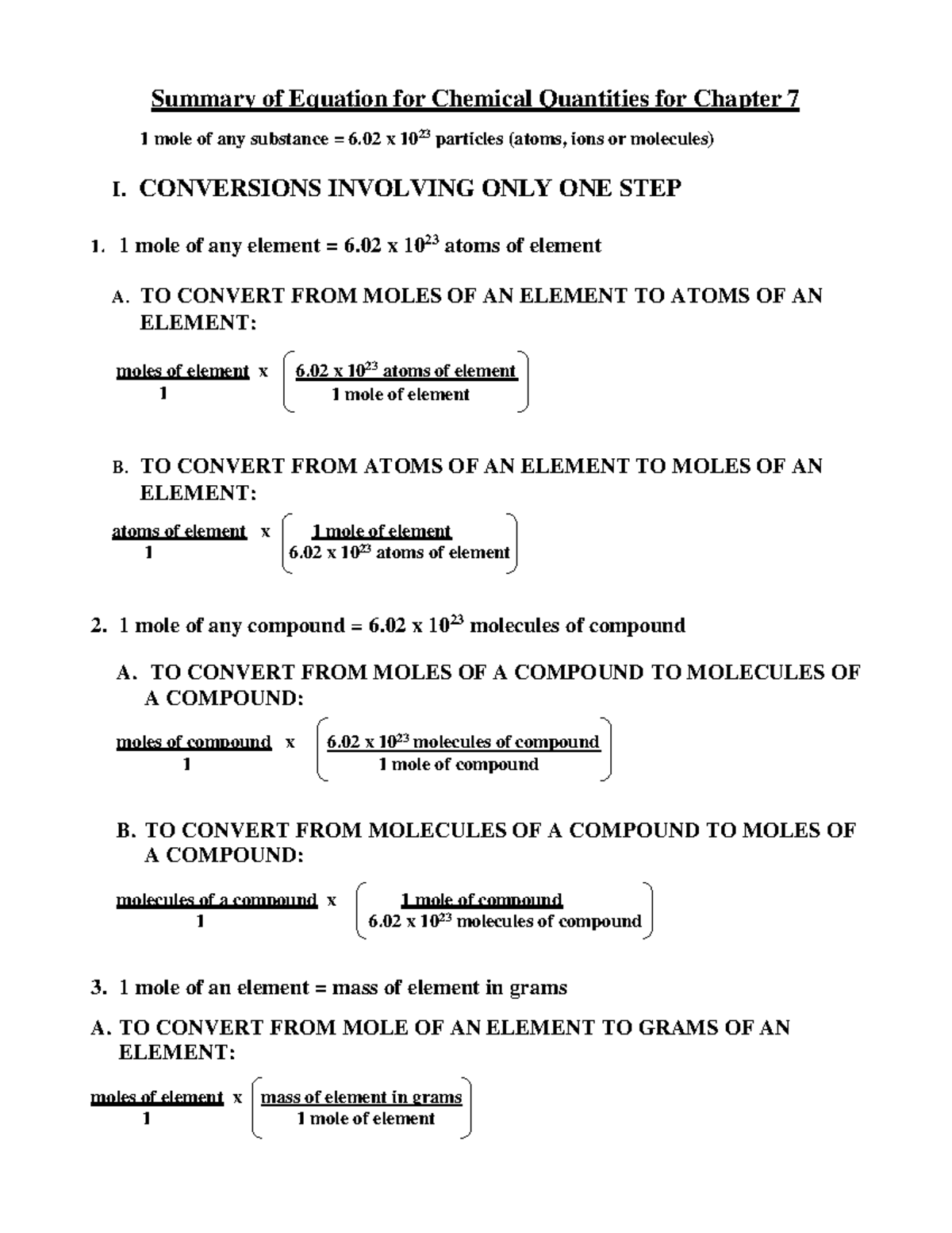 Summary of Equation for Chemical Quantities for Chapter 7 - CONVERSIONS ...
