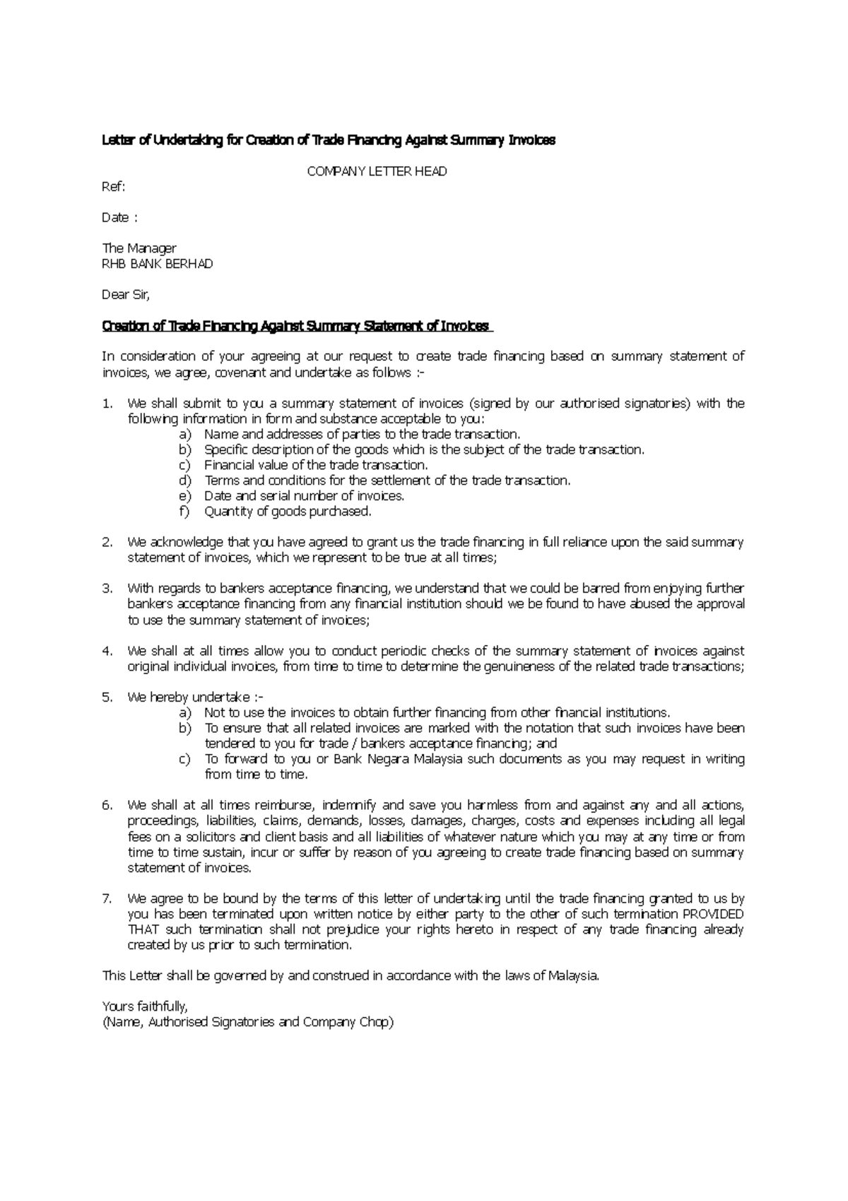 Letter of Undertaking Against Summary Invoices - Letter of Undertaking ...