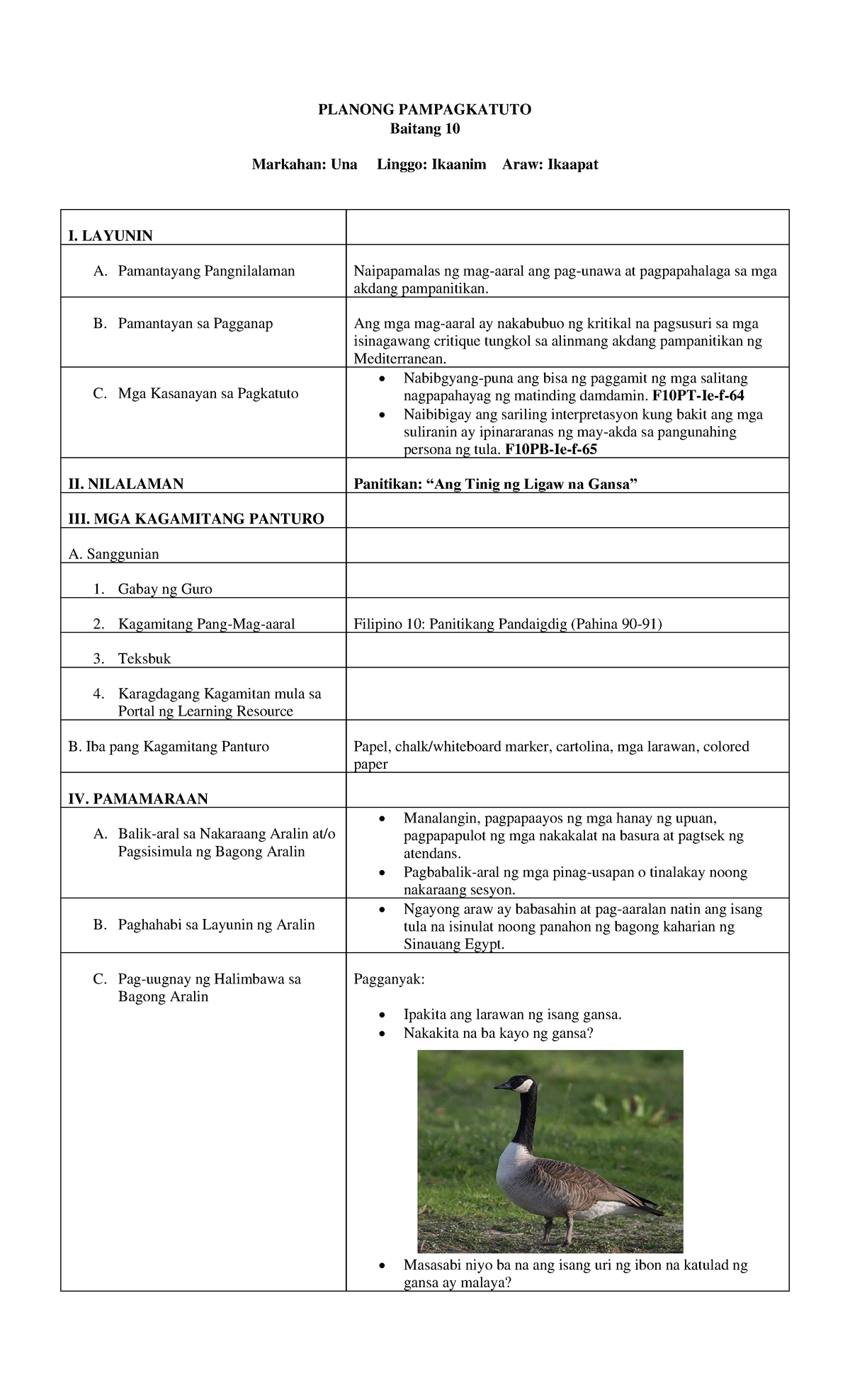 Grade 10- lesson plan (tinig ng ligaw na gansa) - PLANONG PAMPAGKATUTO ...