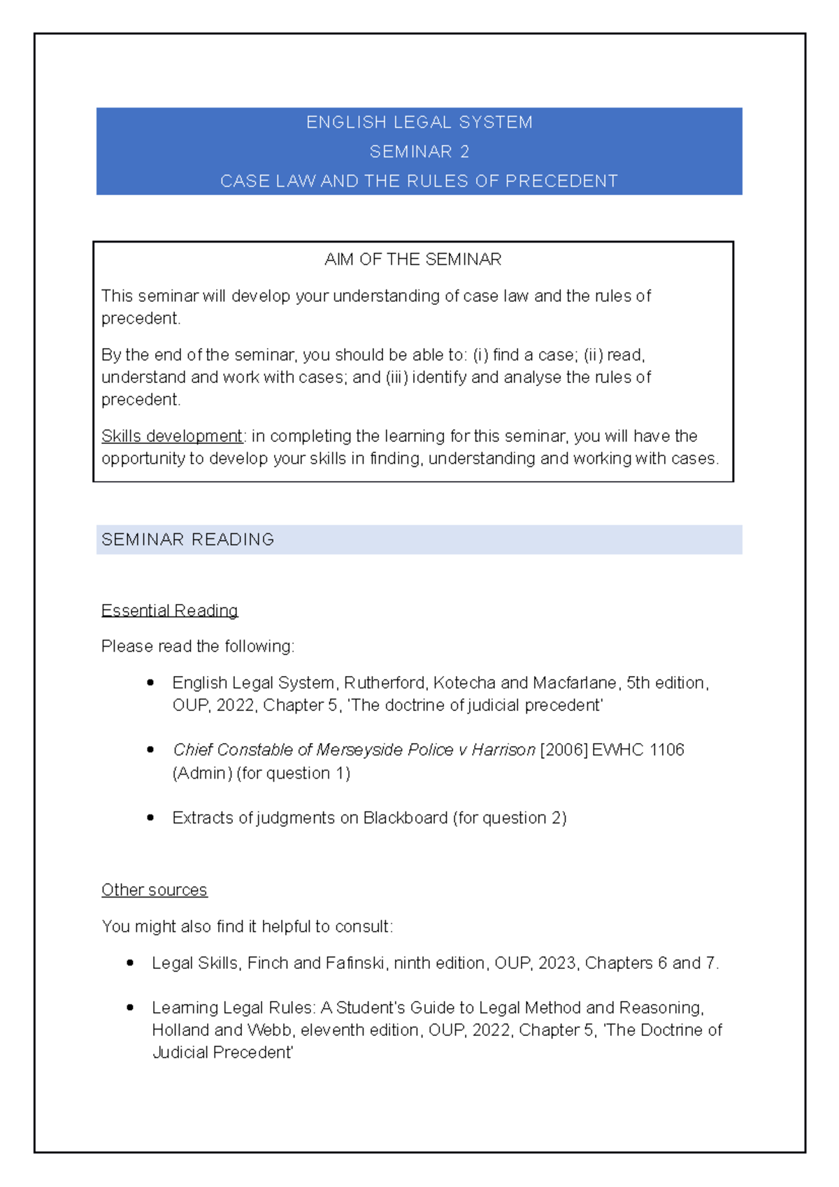 Seminar 2 - ENGLISH LEGAL SYSTEM SEMINAR 2 CASE LAW AND THE RULES OF ...