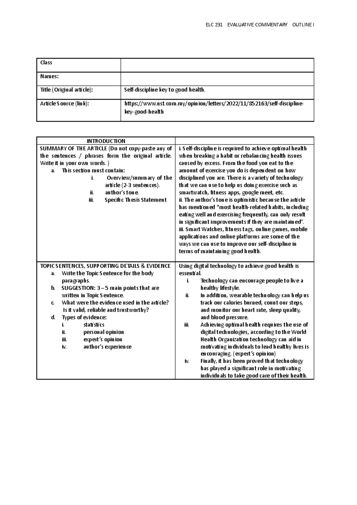 Evaluative Commentary Outline 2022 - Class Names: Title (Original ...