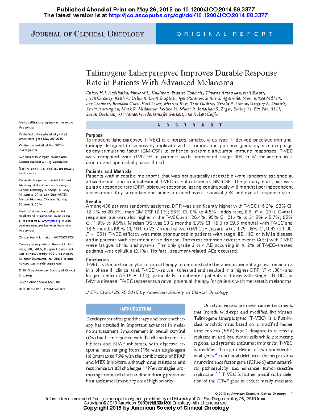 Grupo 2 Tvec Andtbacka 2015 - Talimogene Laherparepvec Improves Durable ...