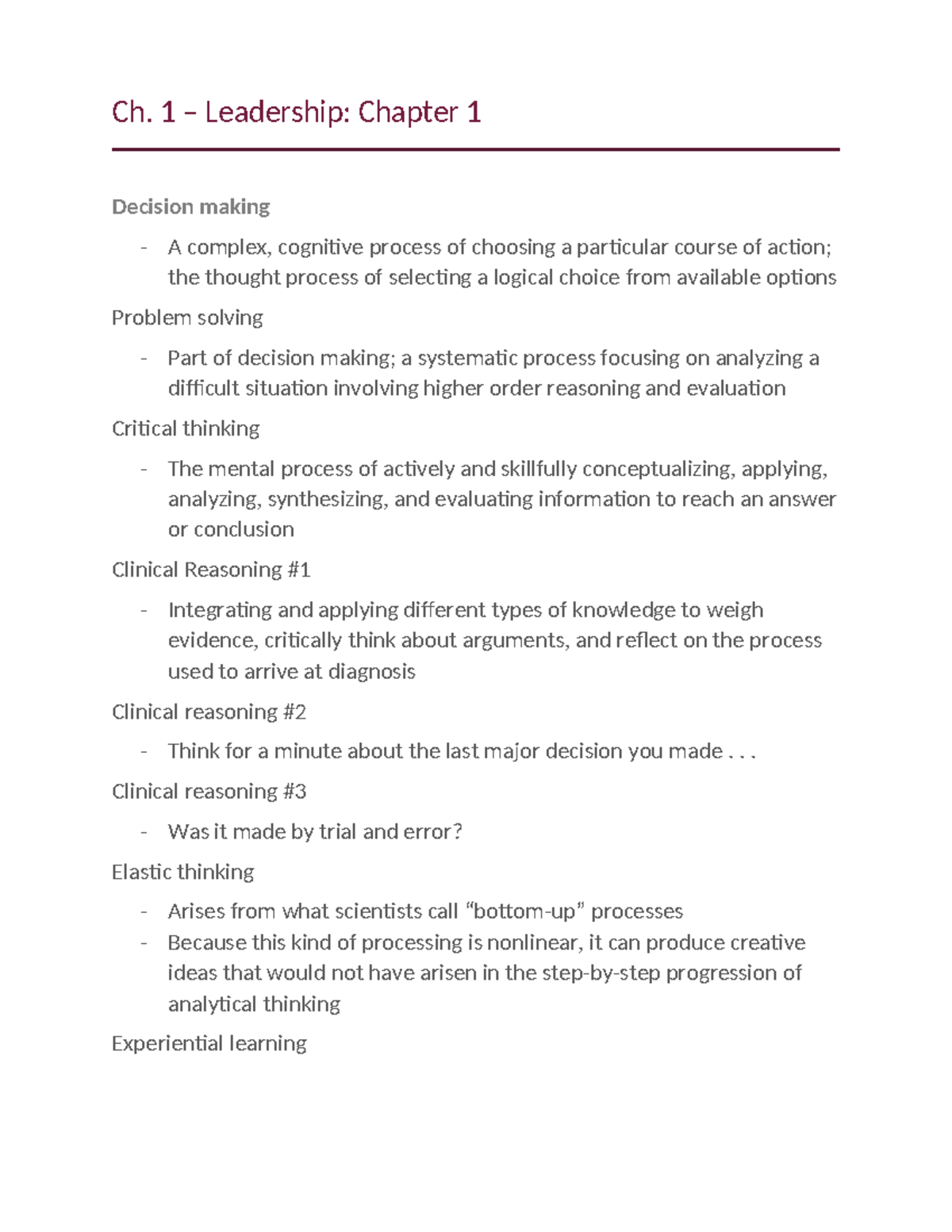 Leadership chapter 1 - Ch. 1 – Leadership: Chapter 1 Decision making ...