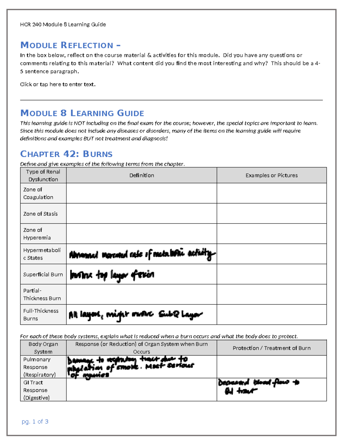 HCR 240 Module 8 Learning Guide - MODULE REFLECTION – In the box below ...