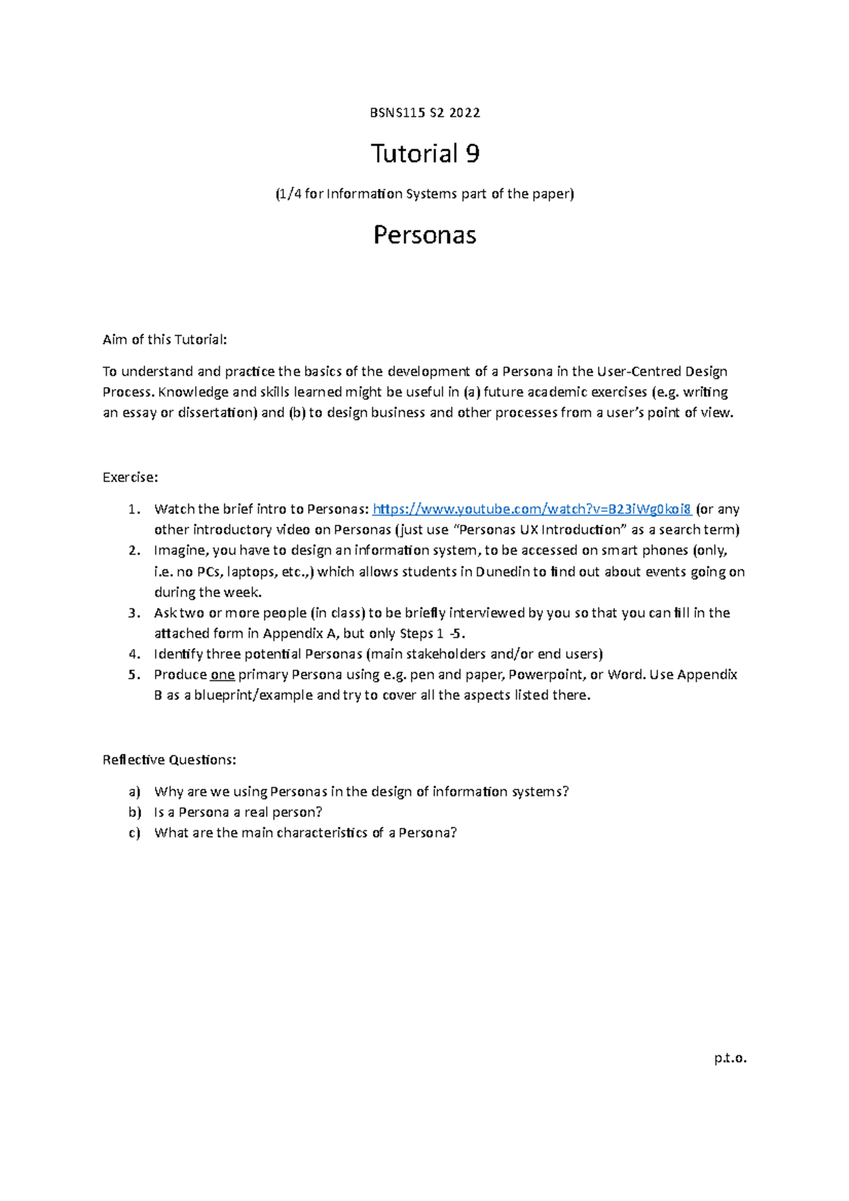 2022 S2 BSNS115 Tutorial 9 - BSNS115 S2 2022 Tutorial 9 (1/4 for Information Systems part of the ...