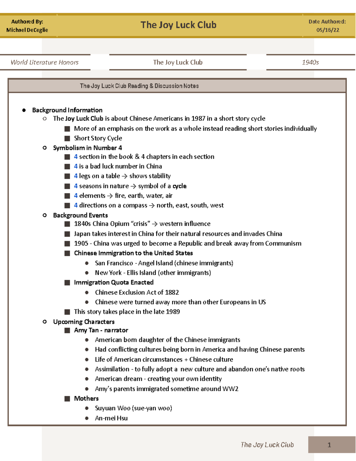 The Joy Luck Club Notes - A comprehensive overview of the short story ...