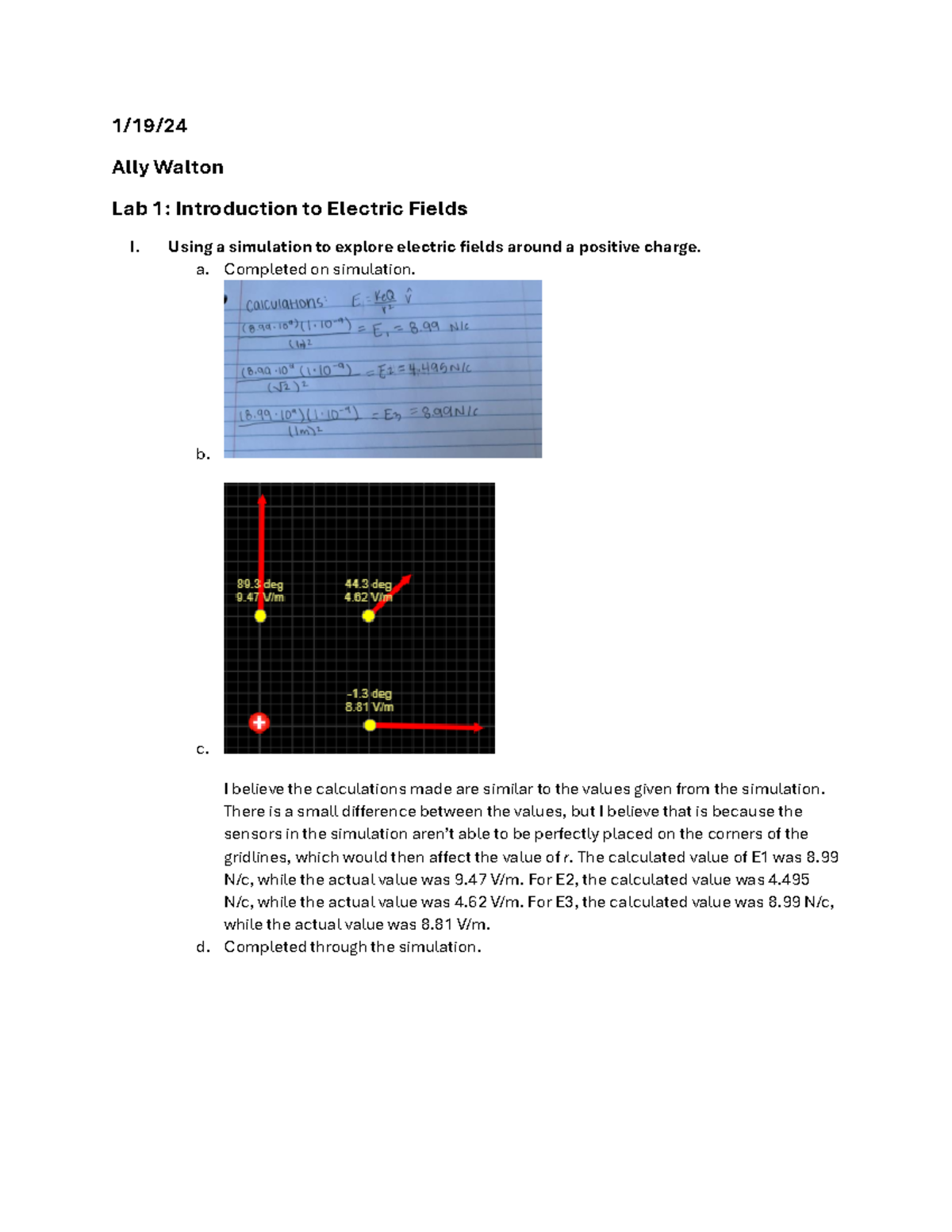 PHYSICS Lab 01 - 1/19/ Ally Walton Lab 1: Introduction to Electric ...
