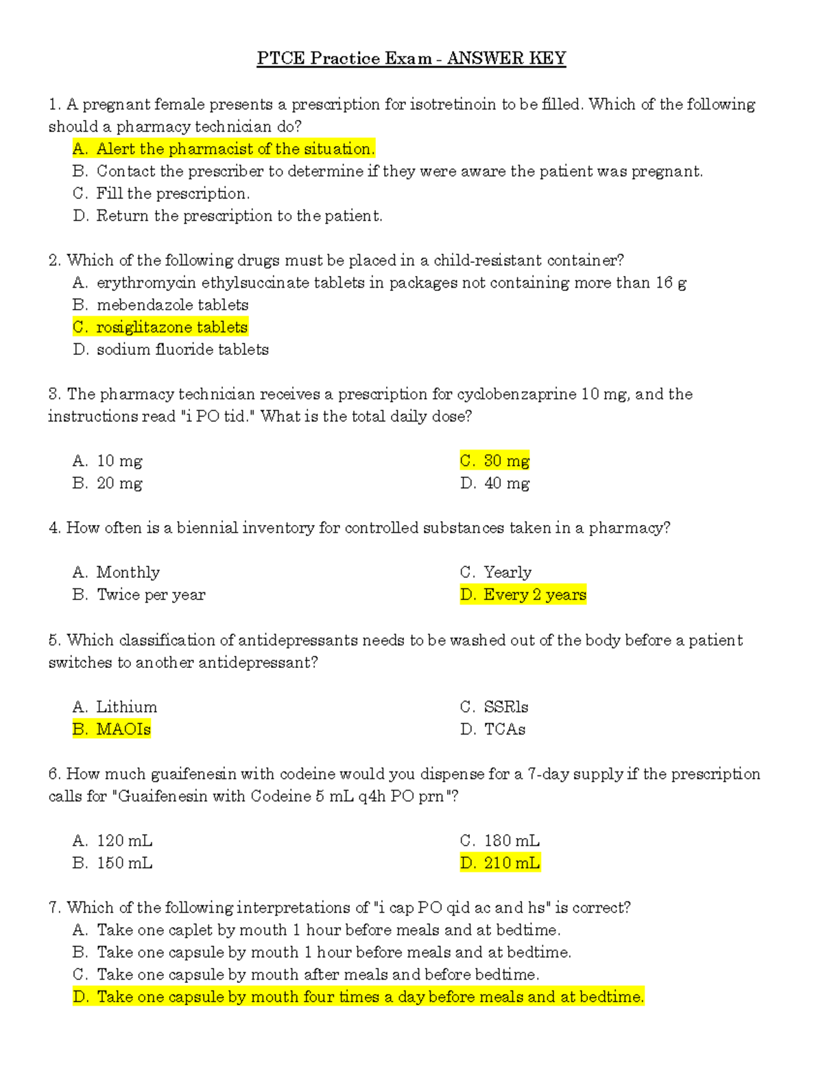 PTCE+Practice+Exam+(In-Class+Exam+3)- Answer+KEY - PTCE Practice Exam ...