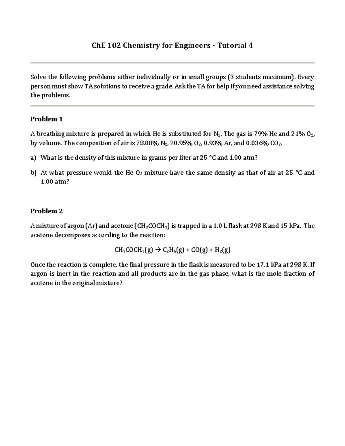 Ch E102 - Tutorial 4 - Chem - ChE 102 Chemistry for Engineers ...