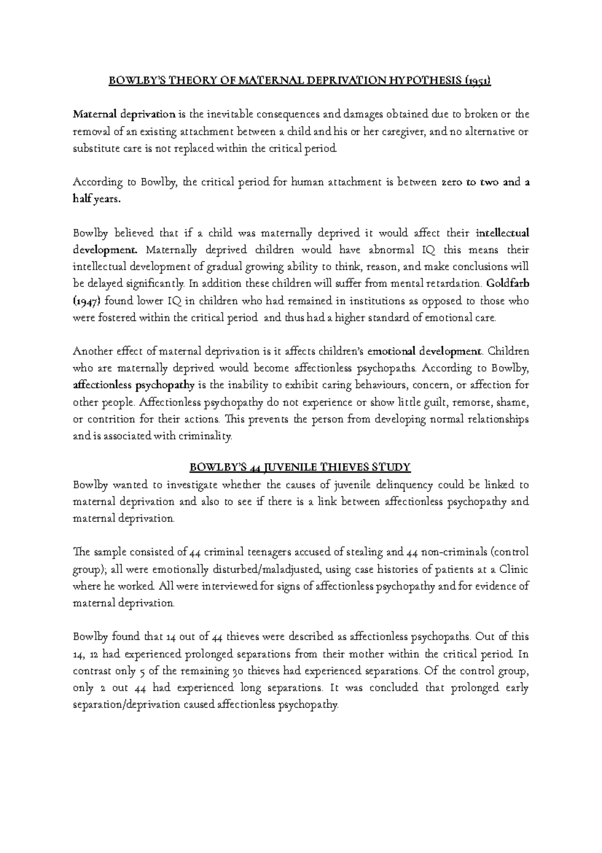 Bowlby S Theory OF Maternal Deprivation Hypothesis (1951) - BOWLBY'S ...