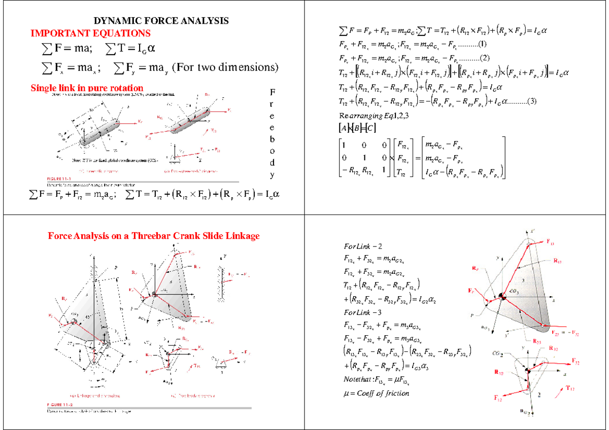 Lect6 4p - 111111 - DYNAMIC FORCE ANALYSIS IMPORTANT EQUATIONS F ma T I ...