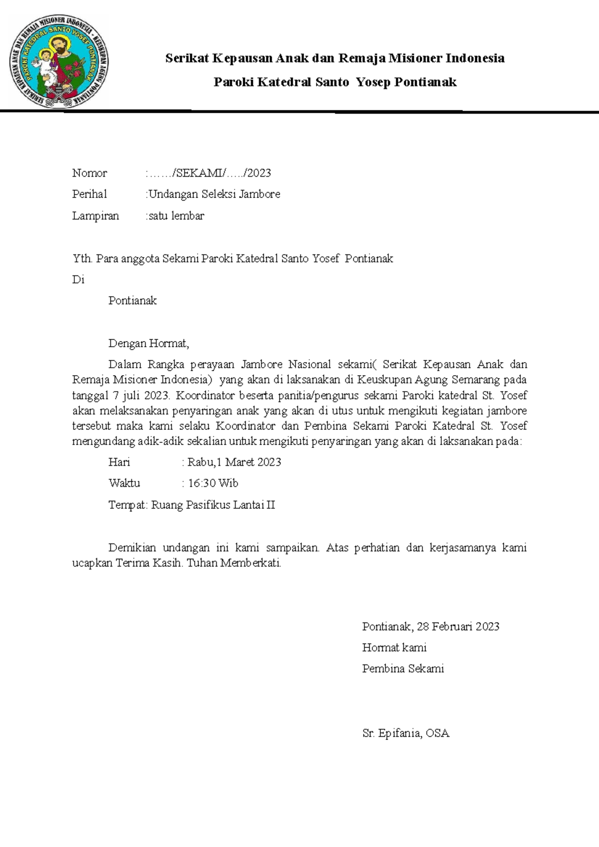 KOP Surat Sekami Katedral - Nomor :....../SEKAMI/...../ Perihal ...