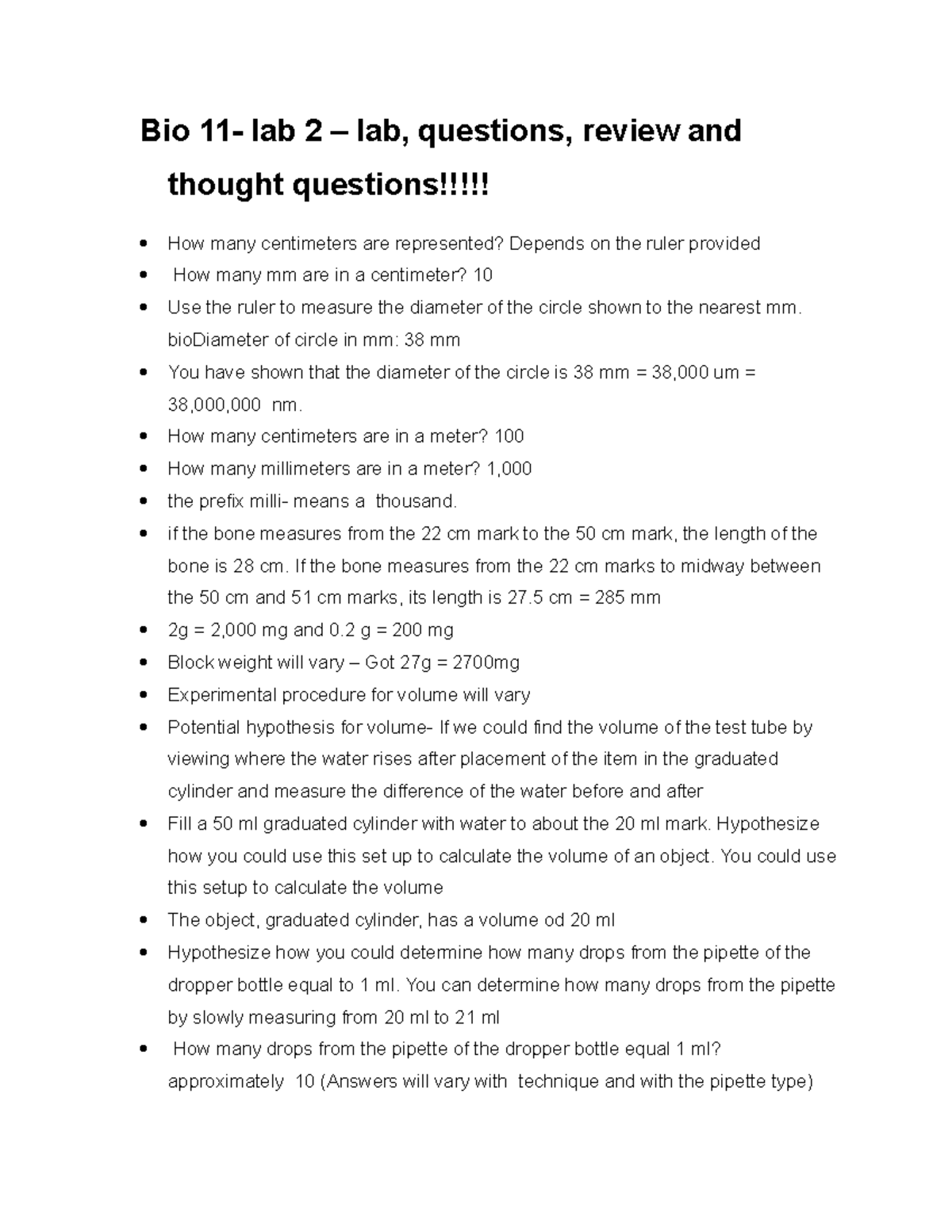 Bio 11- lab 2- measuring with metric - Bio 11- lab 2 – lab, questions ...