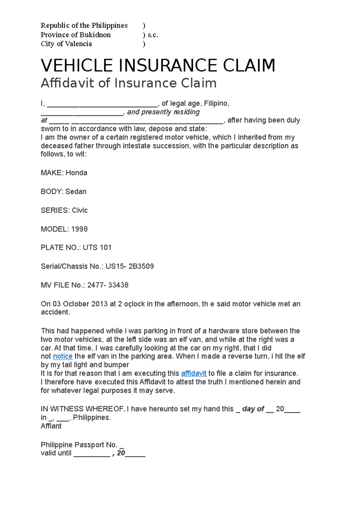 Vehicle Insurance Claim - Republic of the Philippines ) Province of ...