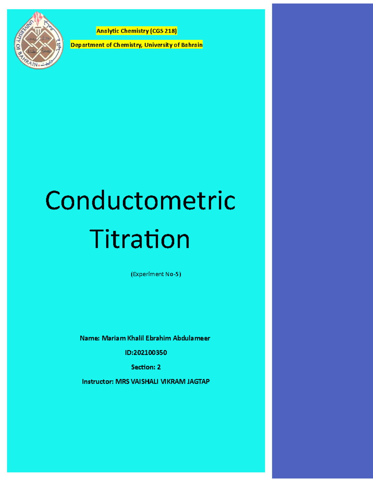 Report 5 - Titration - Analytic Chemistry (CGS 218) Department of ...