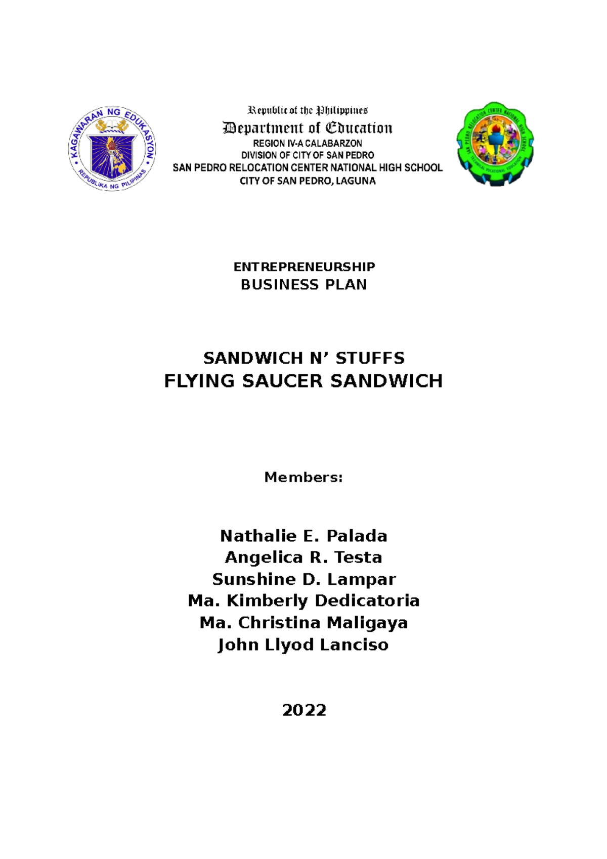 Business Plan - ENTREPRENEURSHIP BUSINESS PLAN SANDWICH N’ STUFFS ...