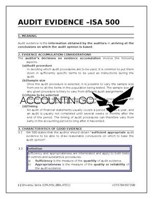 Audit Documentation - ISA 315 - AUDIT DOCUMENTATION –ISA 230 1. MEANING ...