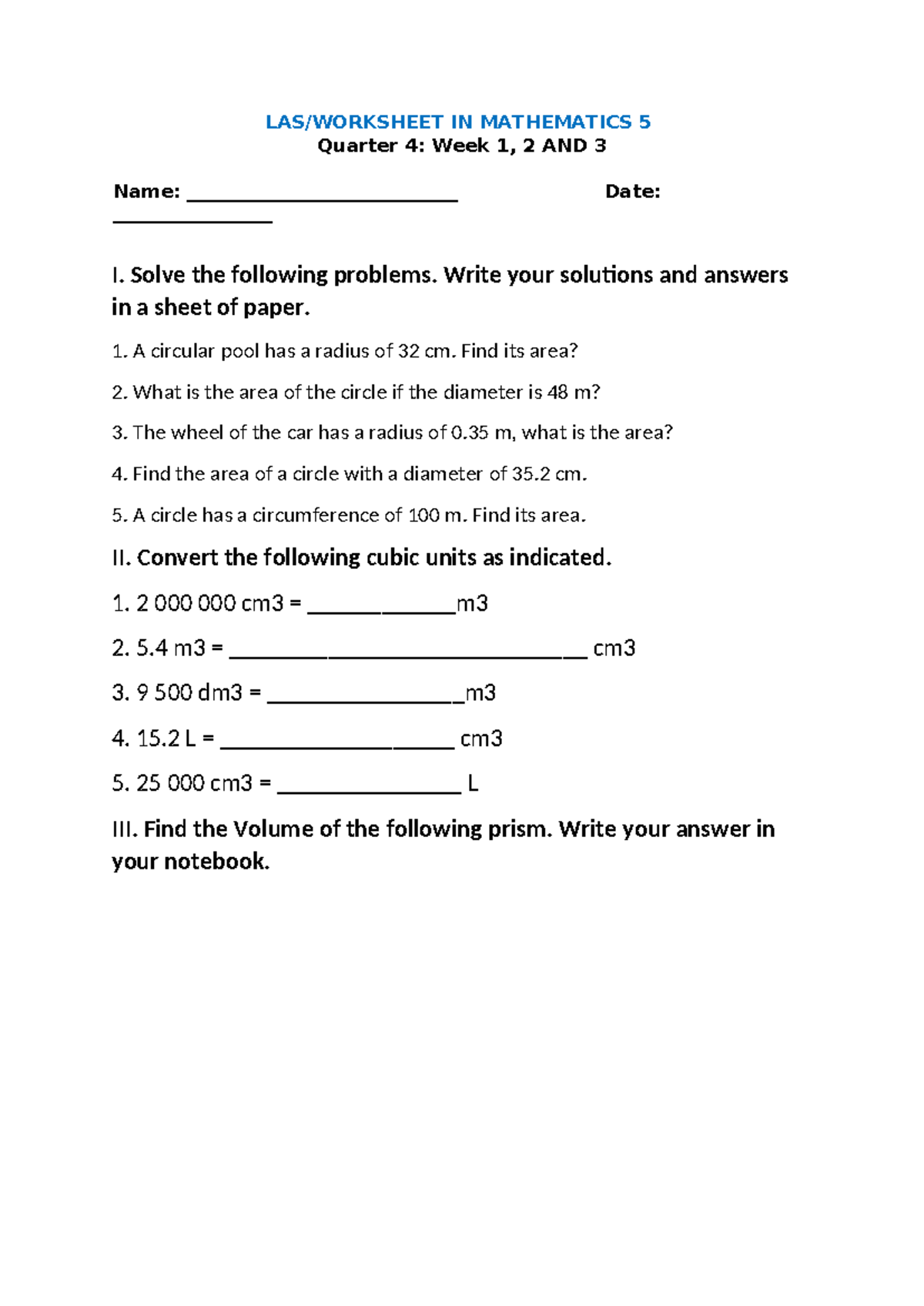 LAS NO 1 IN Mathematics 5 Quarter 4 WEEK 1,2 AND 3 - LAS/WORKSHEET IN ...