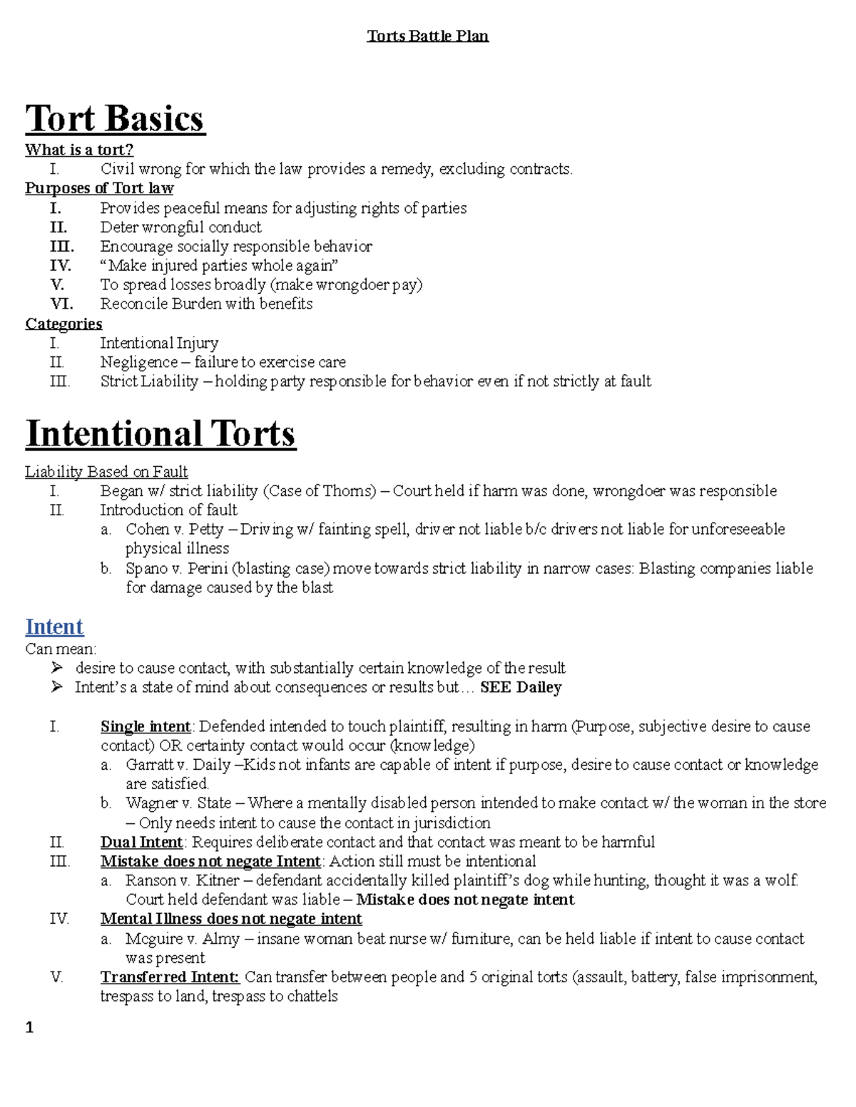 Torts Battle Plan copy-printable - Torts Battle Plan Tort Basics What ...