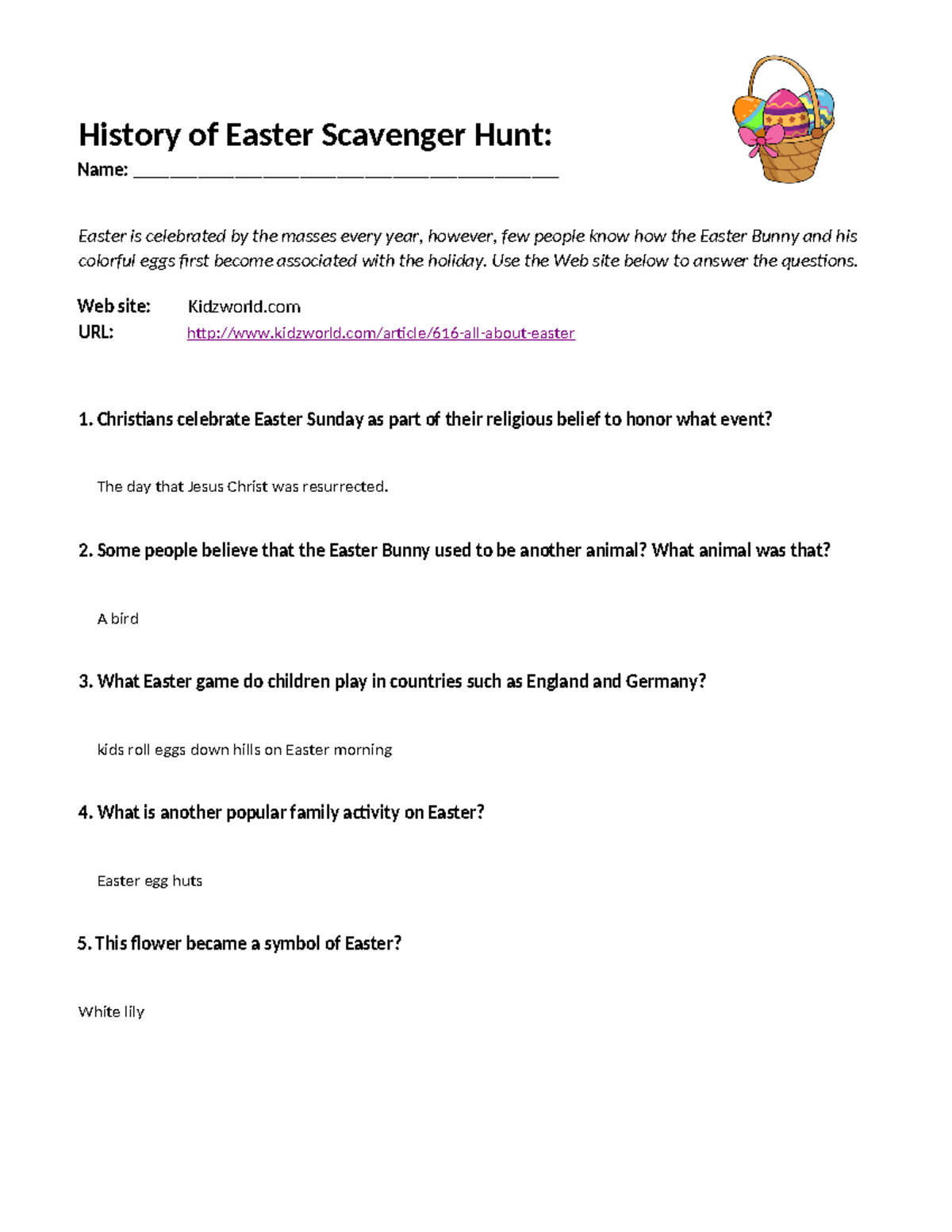 History of Easter Scavenger Hunt - Use the Web site below to answer the ...