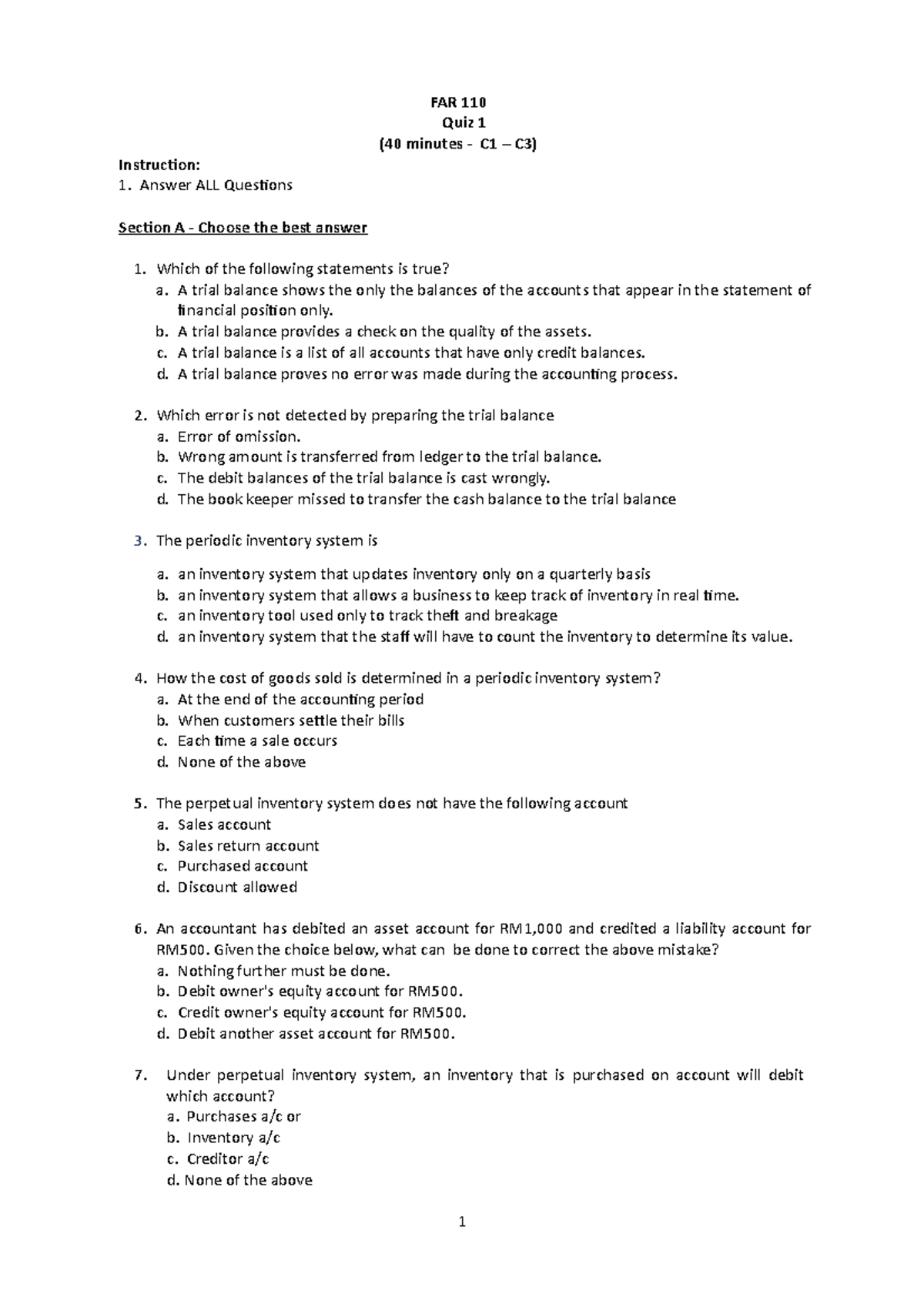 FAR110 QUIZ Questions - FAR 110 Quiz 1 (40 minutes - C1 – C3 ...