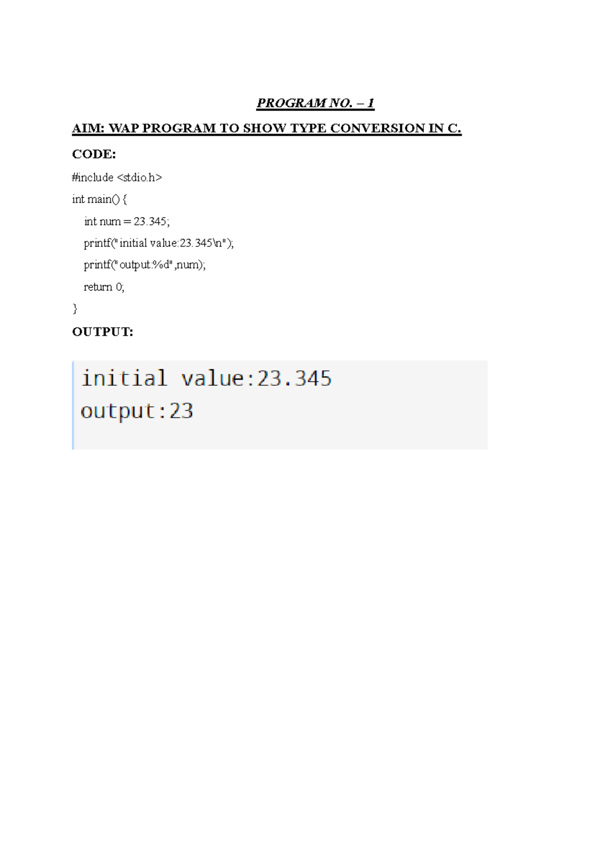 Coding LAB Program 1-merged-compressed - AIM: WAP PROGRAM TO SHOW TYPE CONVERSION IN C. CODE ...