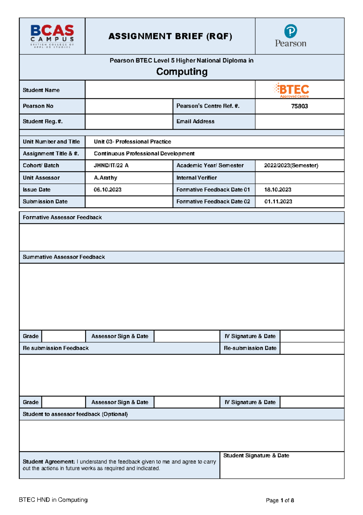 COM AB PP 22A - professional practice - ASSIGNMENT BRIEF (RQF) Pearson ...